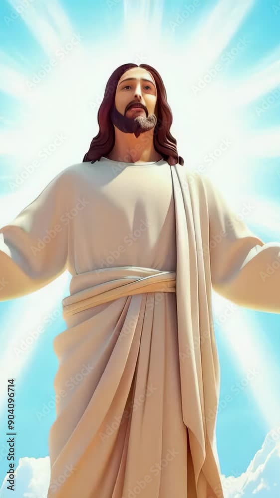 jesus christ in blue sky, with sun rays and halo flat design cartoon ...
