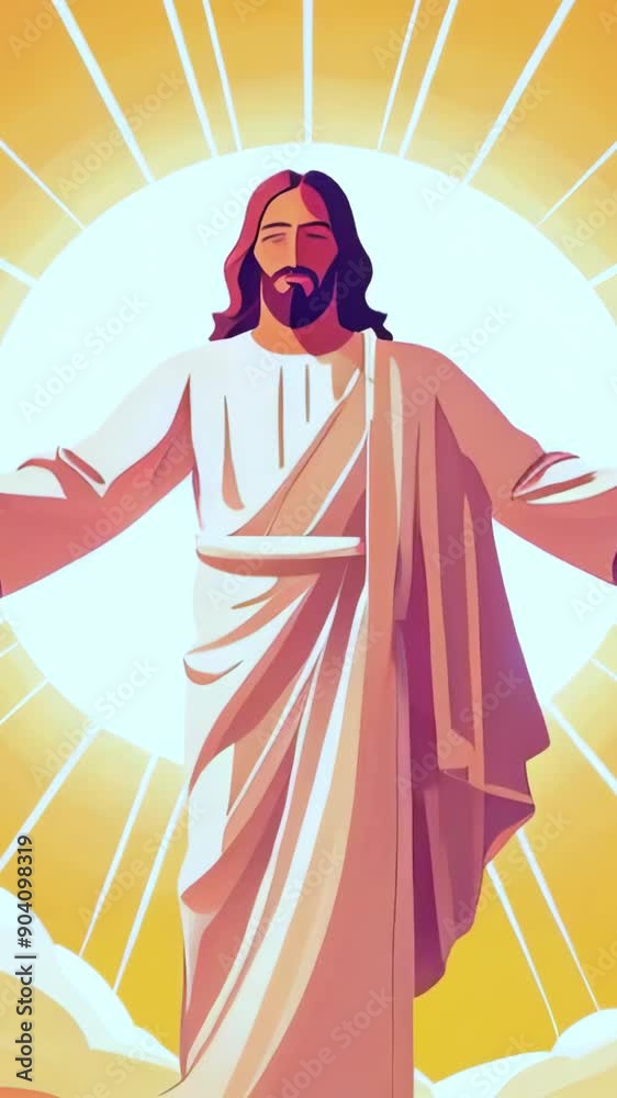 jesus christ in sky, with sun rays and halo flat design cartoon ...