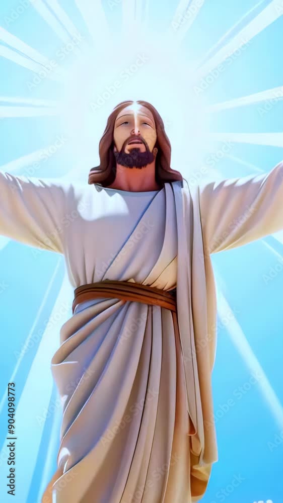 jesus christ in blue sky, with sun rays and halo flat design cartoon ...