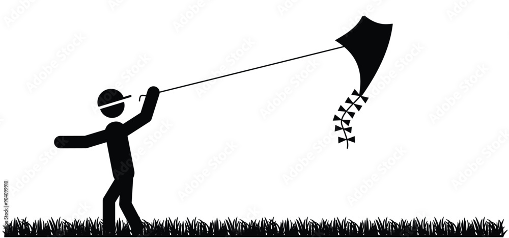 Cartoon stickman, stick figure man with a kite in the sky. Friends ...