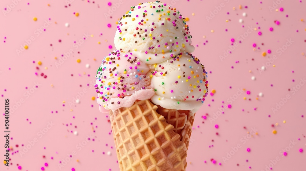 Sprinkled ice cream cone with multiple flavors flat design, top view ...