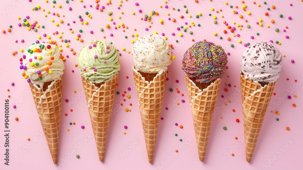 Sprinkled ice cream cone with multiple flavors flat design, top view ...