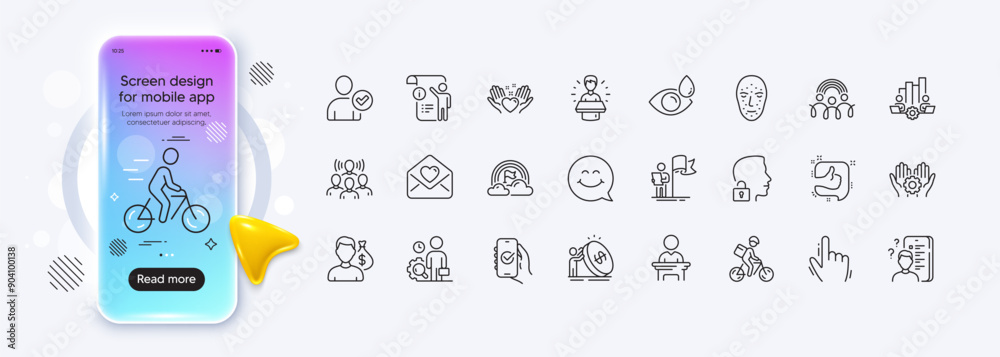 Smile face, Love letter and Survey line icons for web app. Phone mockup ...