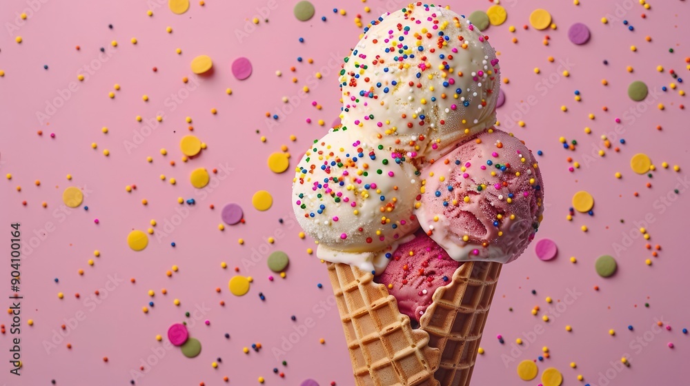 Sprinkled ice cream cone with multiple flavors flat design, top view ...