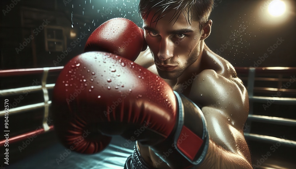 A muscular boxer in red gloves delivers a powerful punch in a boxing ...