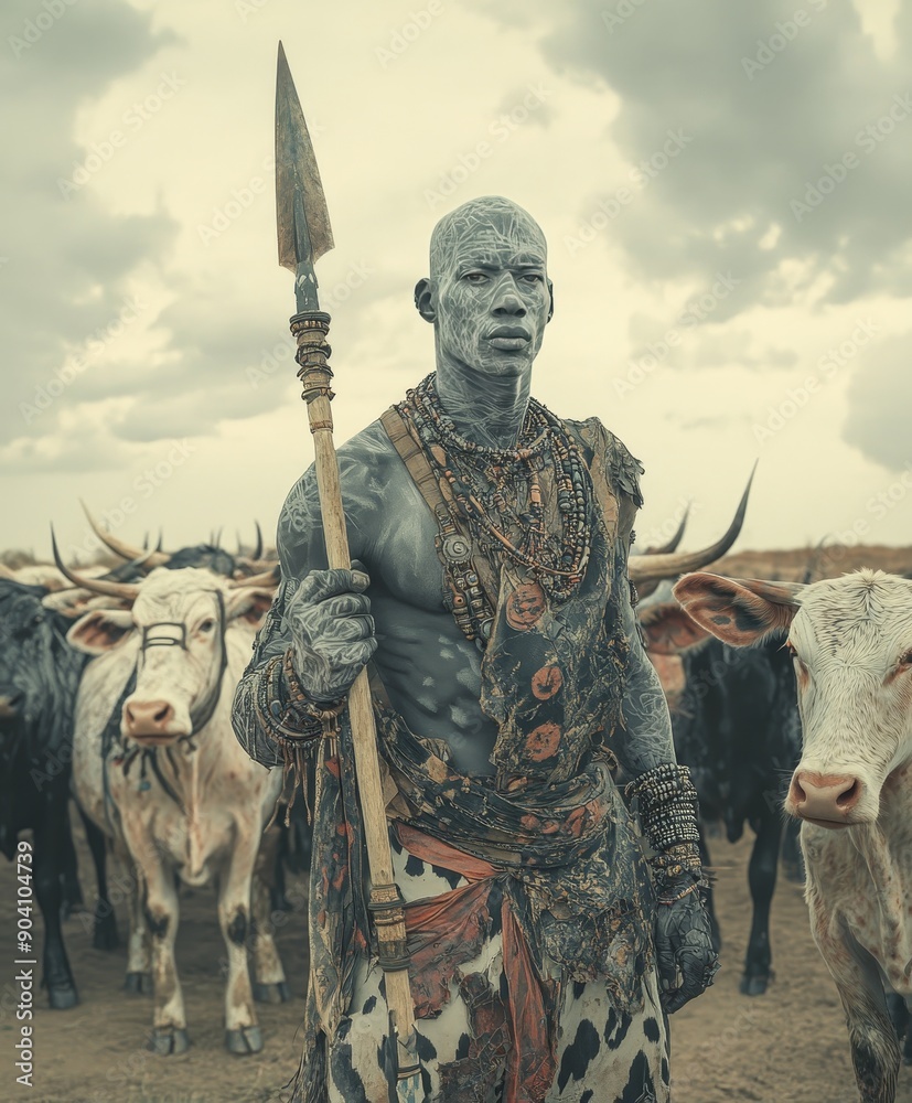 striking-image-of-tribal-warrior-with-spear-standing-amidst-cattle-in ...