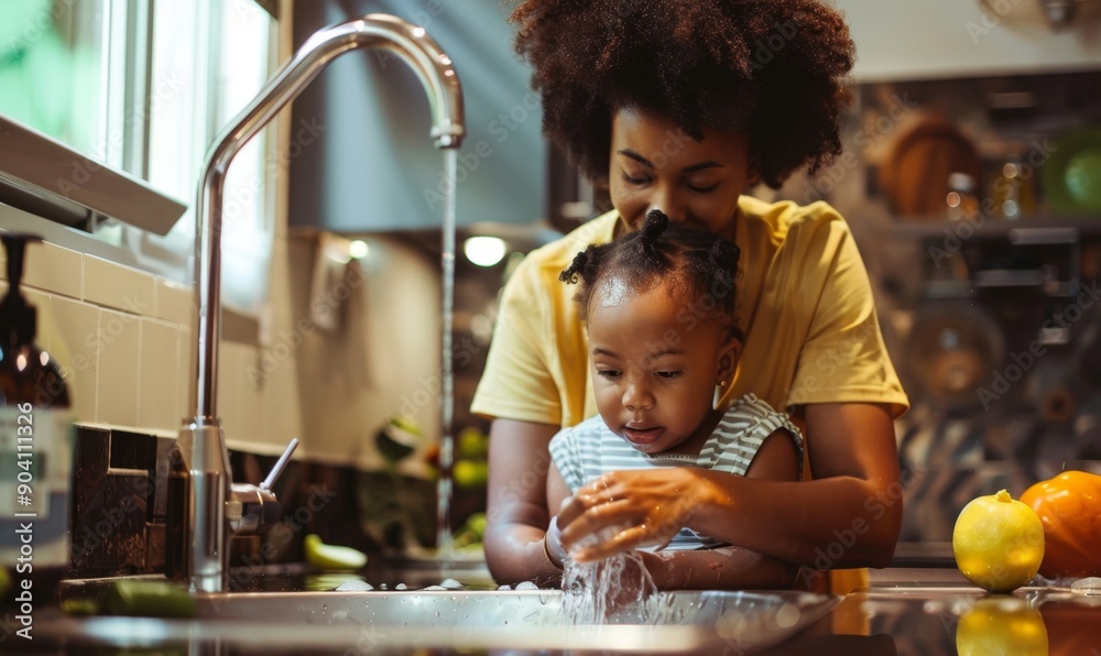 Loving Mother Teaching Child Proper Handwashing Technique. Family ...