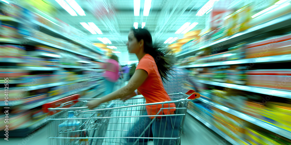 Shopping Cart Sprint: A hurried shopper navigates the crowded aisles ...