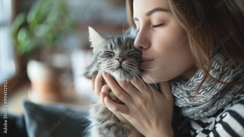 Tender moment captured as woman nuzzles her contented grey cat, both ...