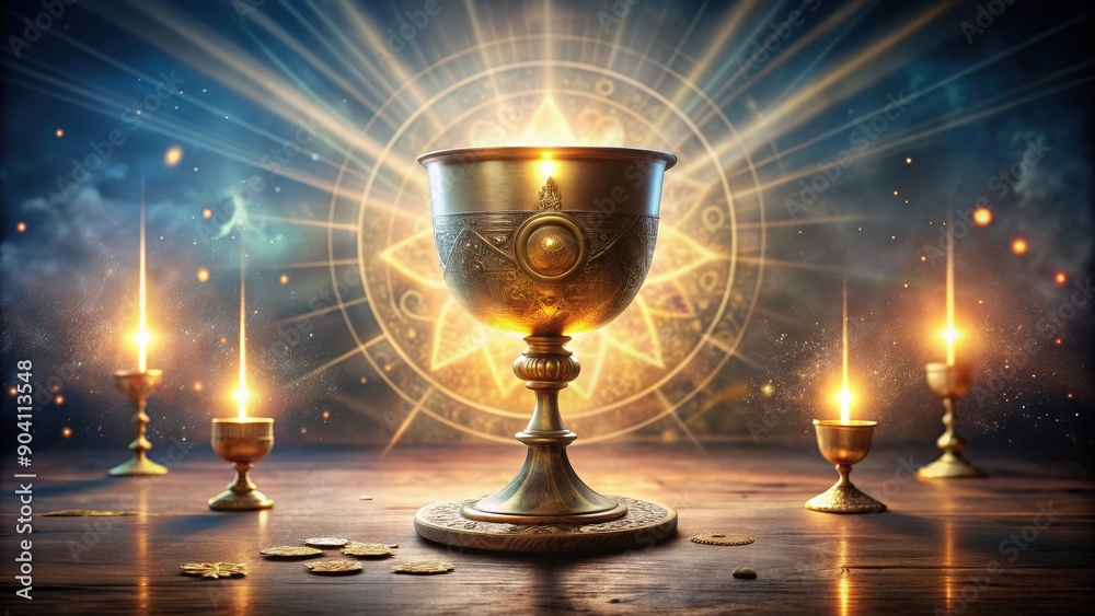 Mystical depiction of the Holy Grail surrounded by light and ancient ...
