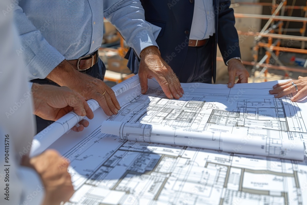 A group of architects or engineers are closely examining blueprints at ...