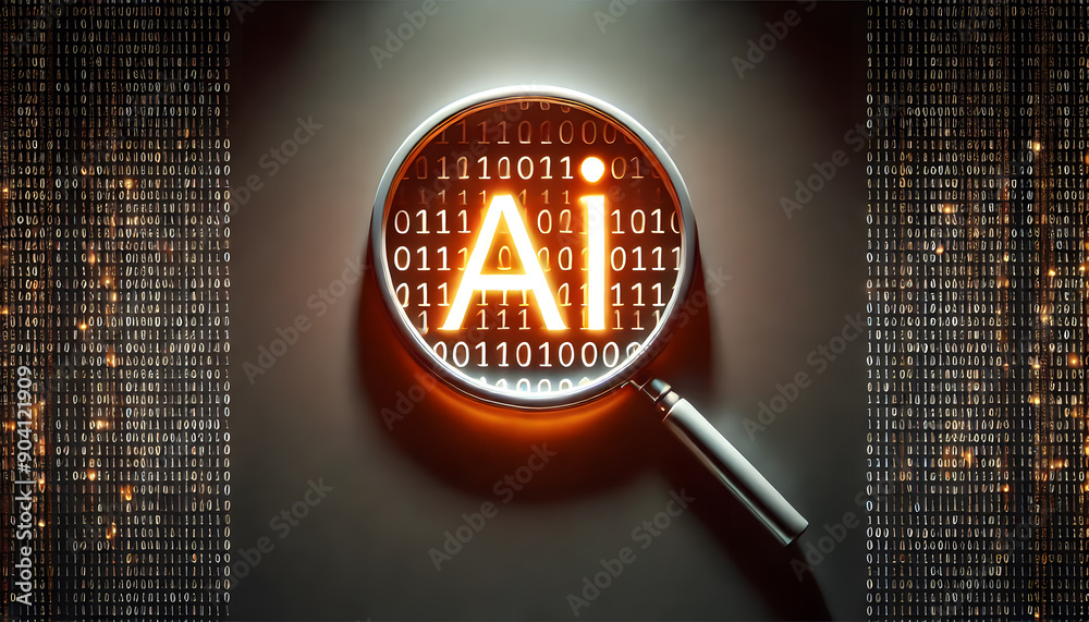 Magnifying glass examining binary code and digital data for security ...