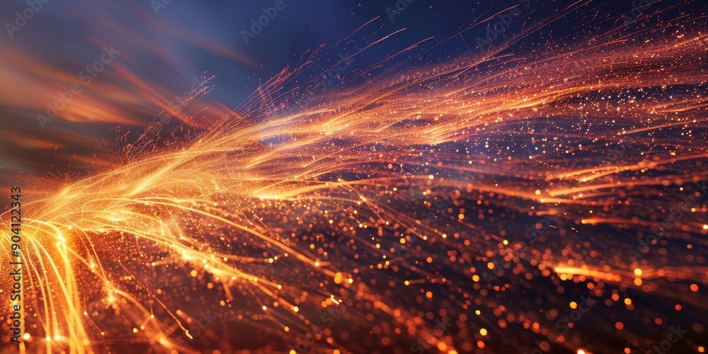 Fiery trails of fireworks streaking across the sky, leaving trails of ...