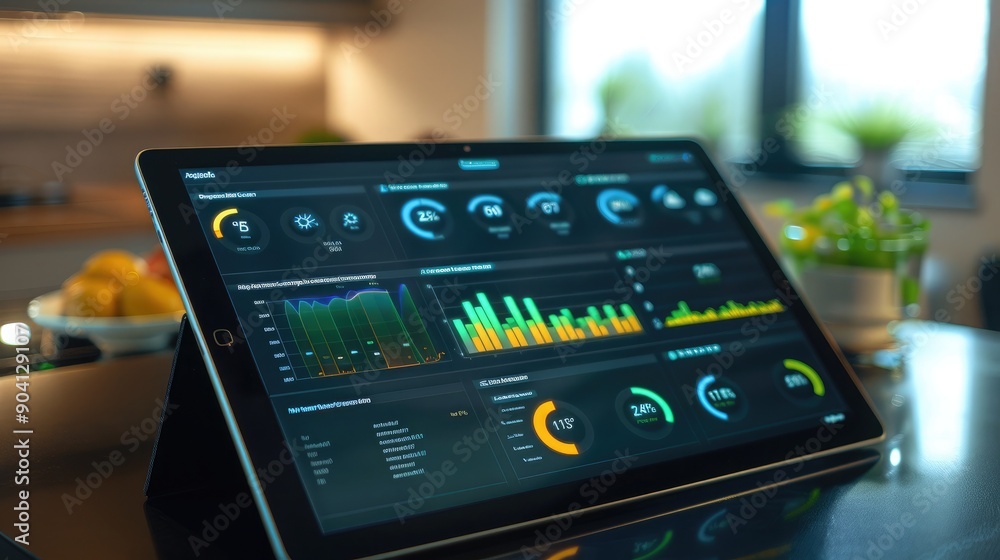 A modern home energy management dashboard on a smart tablet, showing ...