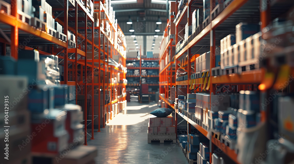 Retail warehouse full of shelves with goods in cartons, with pallets ...