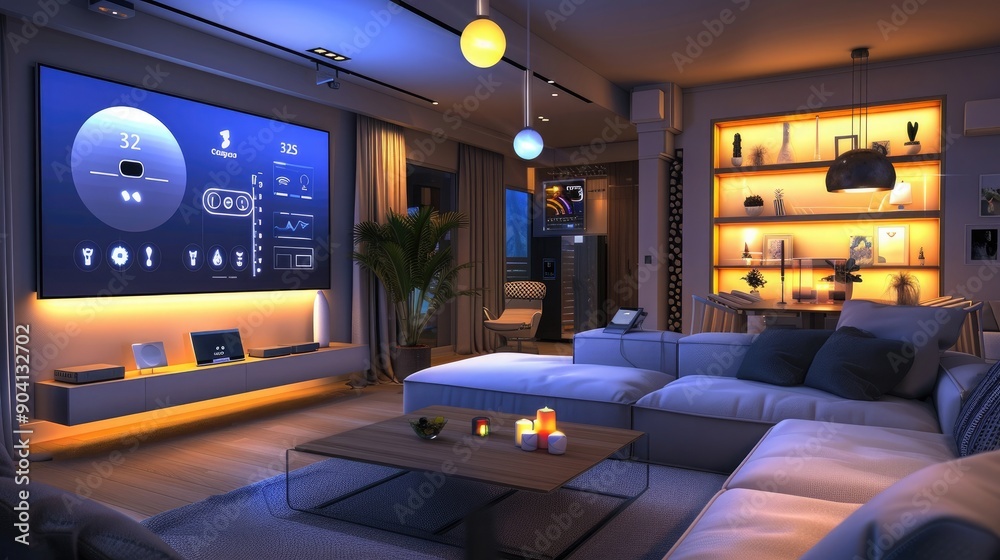 A modern living room with integrated home automation systems, featuring ...