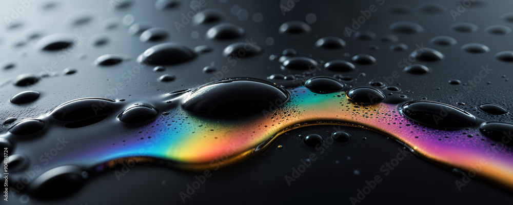Smooth black liquid droplets with iridescent oil slick wavy layer ...