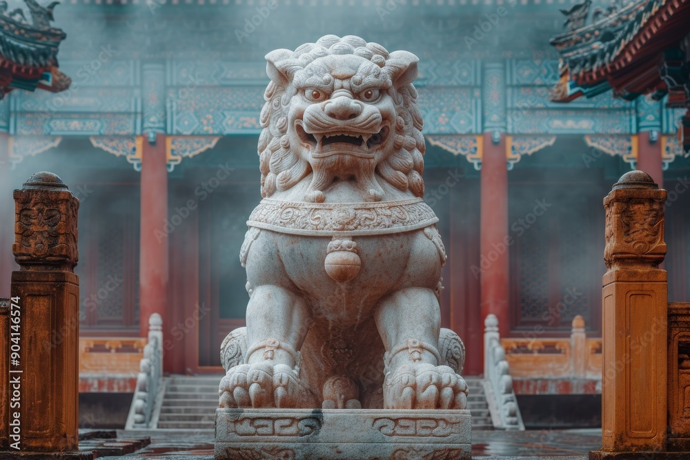 Tibetan guardian snow lion statue enveloped in smoke within an ...
