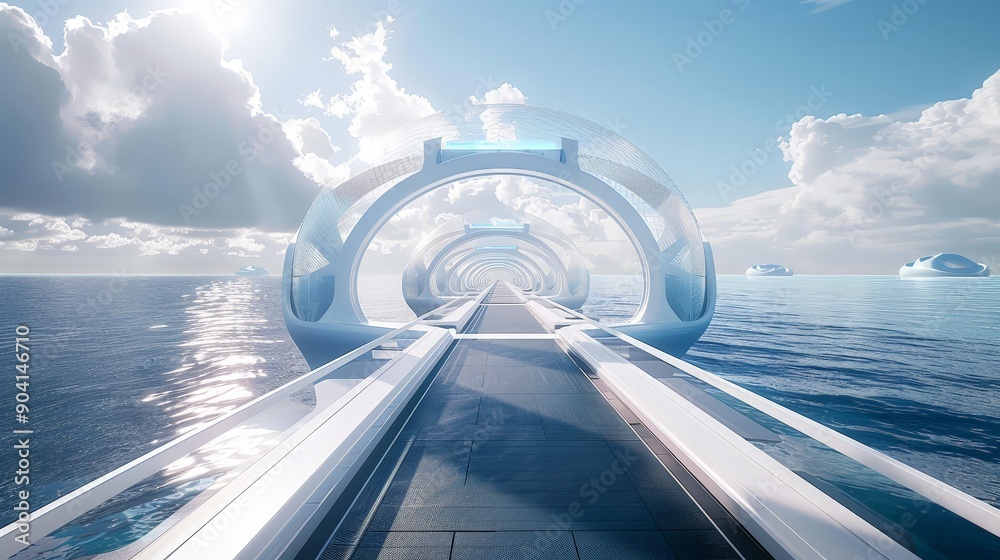 A futuristic sea bridge with high-speed transit lanes and interactive ...