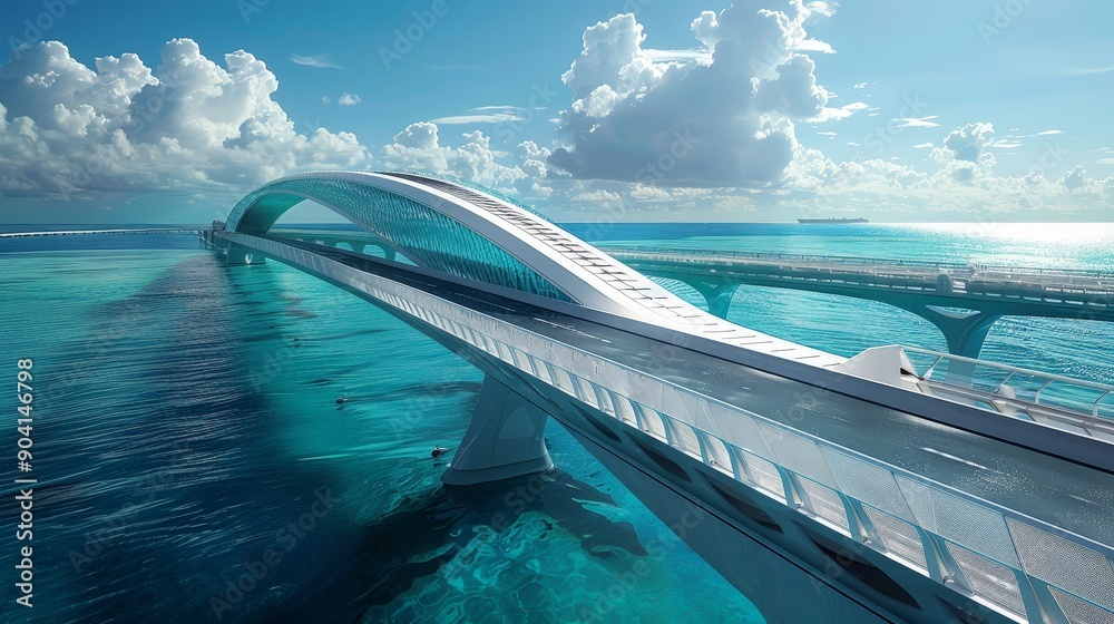 A futuristic sea bridge with high-speed transit lanes and interactive ...