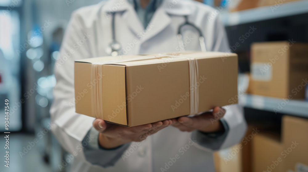 Doctor holding a box with medical equipment in his hands. Pharmacist ...