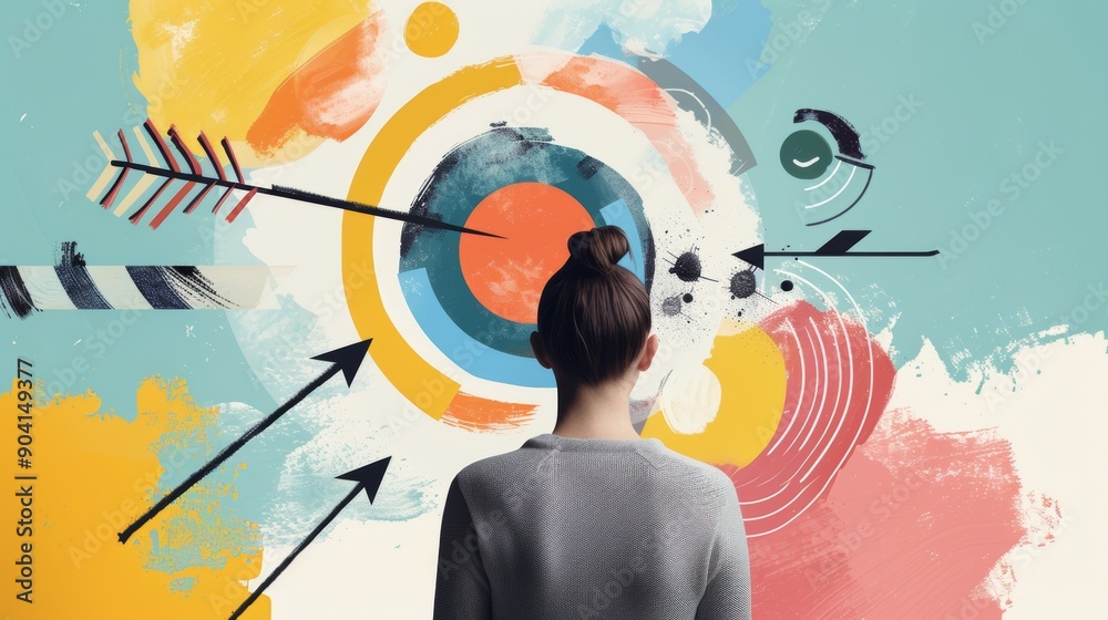 Artistic vision board with various motivational images and arrows ...