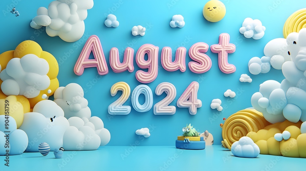 August 2024: A whimsical 3D calendar design with fluffy clouds and ...
