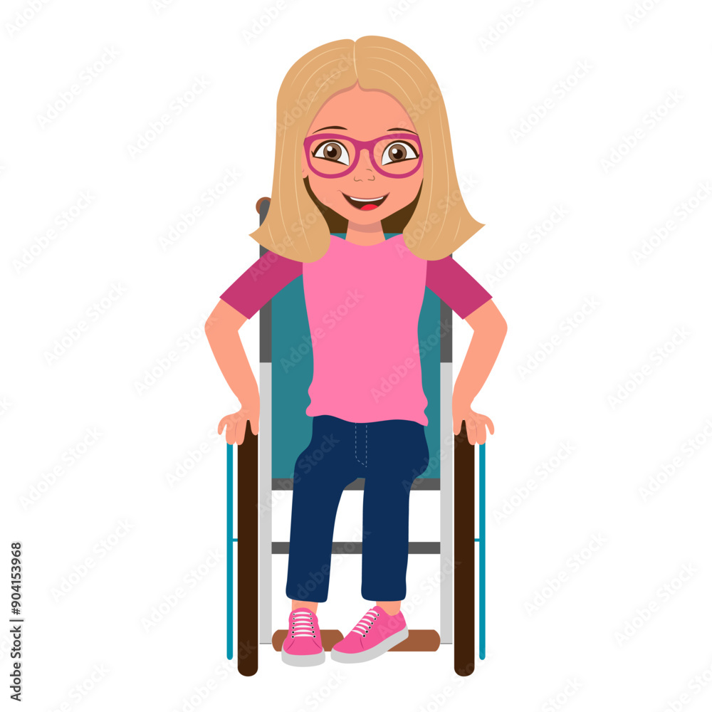 Flat Vector Illustration of Smiling Kid Girl in Wheelchair, Cartoon ...