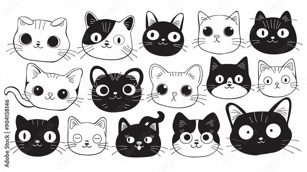 Adorable Cat Emoticons in Black and White Vector Line Drawings for High ...