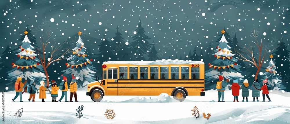 Flat design of a school bus in winter, with snow-covered ground ...