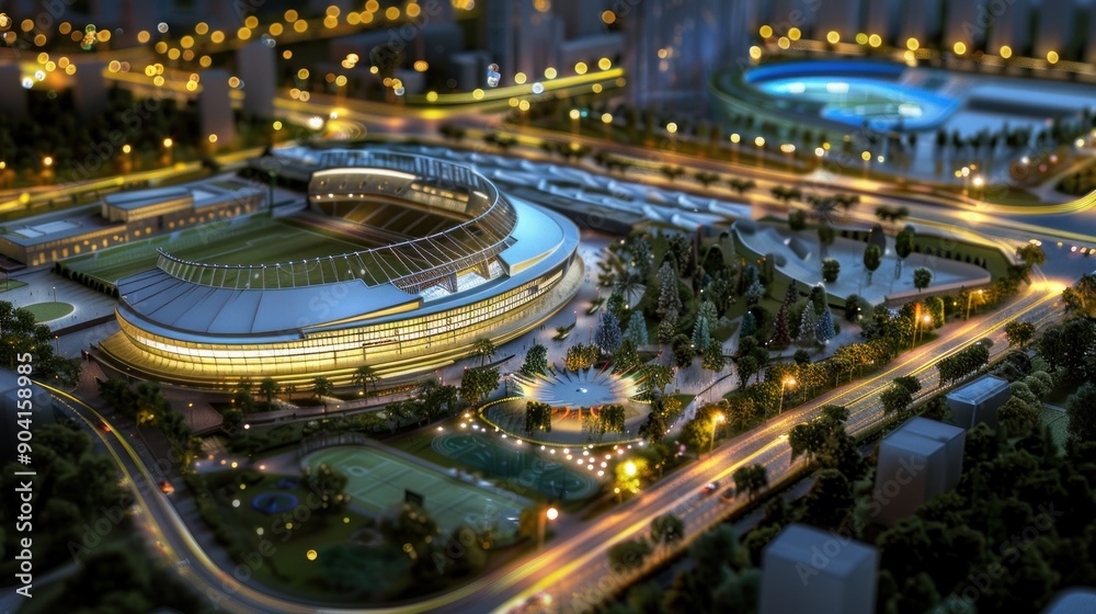 Generate a photo realistic image of a maquette depicting a sports ...