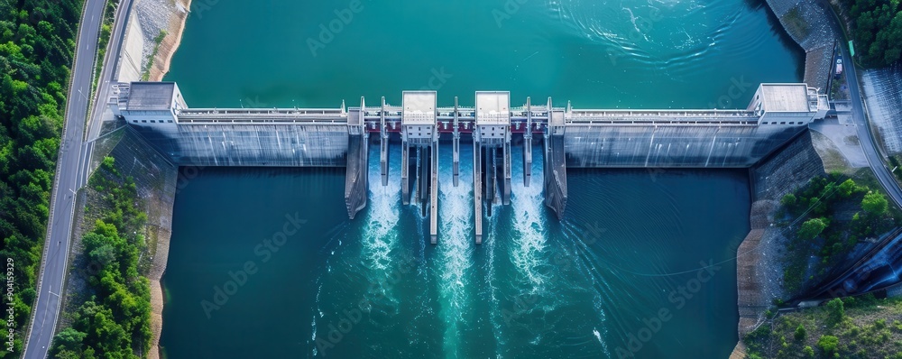 River hydroelectric dam, renewable energy powerhouse, top view, modern ...