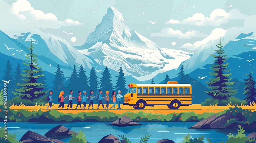 Flat design of a school bus on a field trip, with landmarks, excited ...