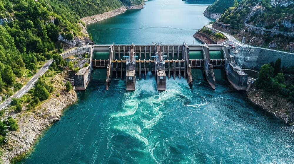 River with hydroelectric dam, powerhouse of renewable energy, front ...