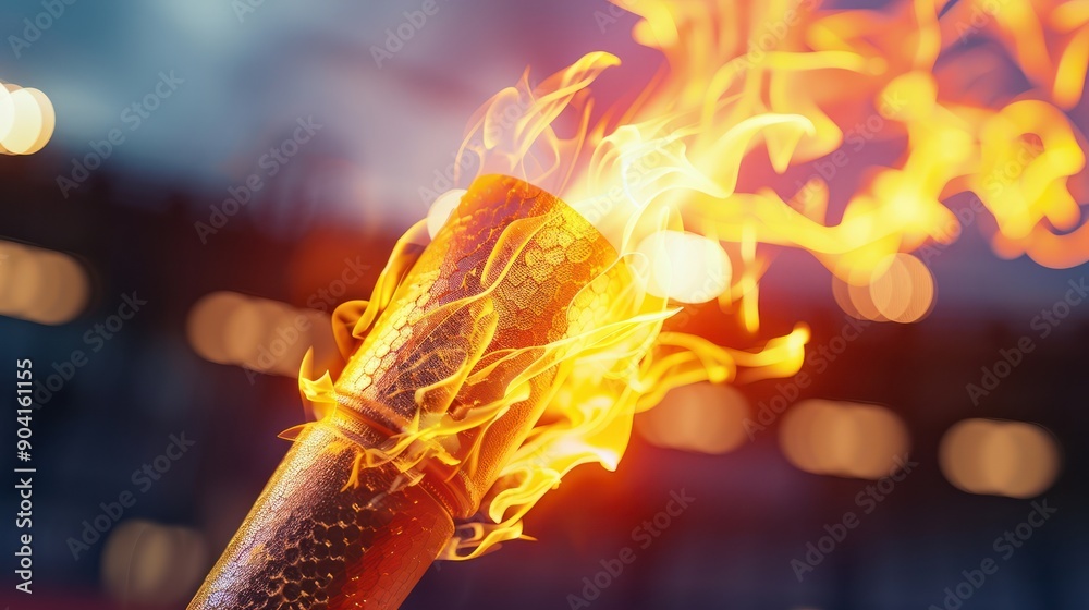 olympic torch with burning flame blurred sports stadium background ...