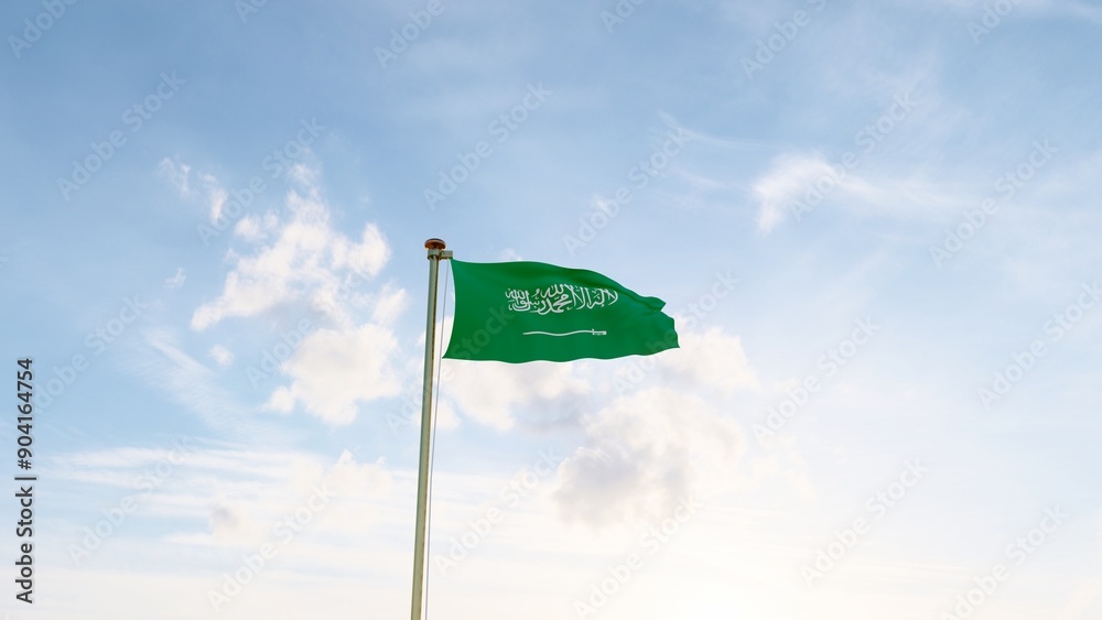 Flag of Saudi Arabia waving in the wind, sky and sun background. Saudi ...