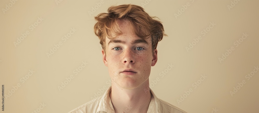 One 20 year old white man faces the camera against a beige studio ...