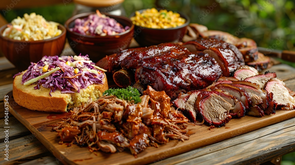 Southern BBQ Feast on Picnic Table with Pulled Pork, Coleslaw ...