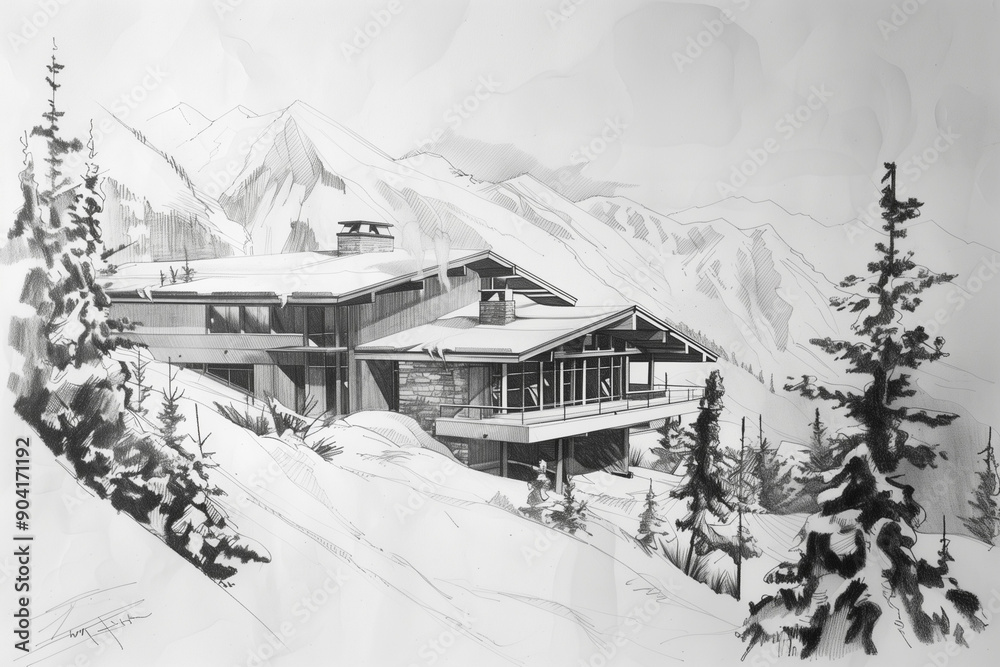 Pencil drawing of a mid century modern house or ski lodge concept in ...