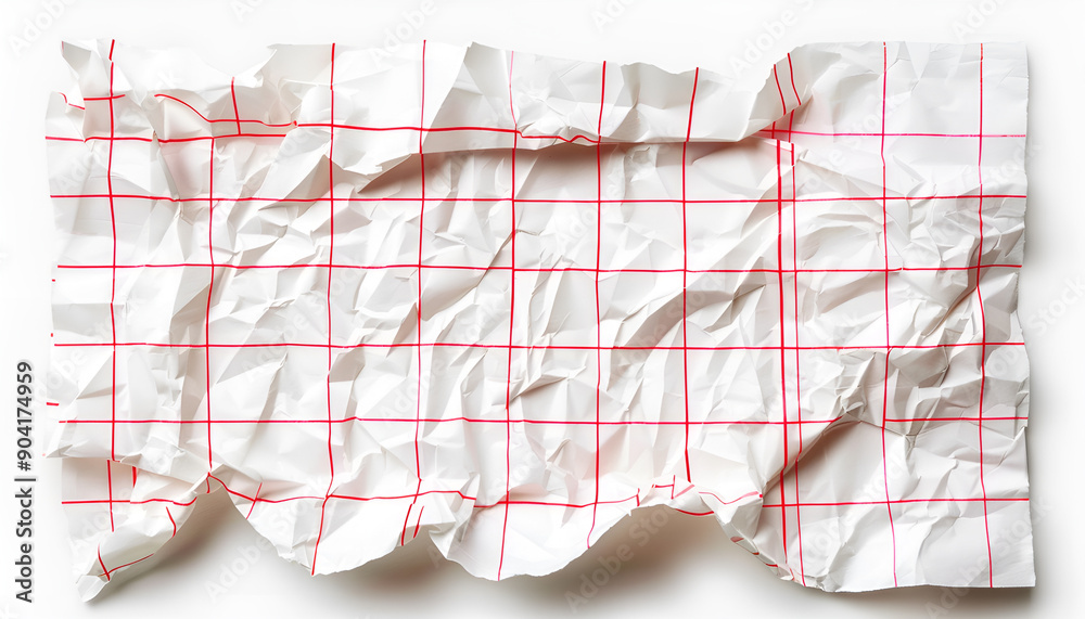 Crumpled Paper with Red Grid Lines and Border Isolated on white ...