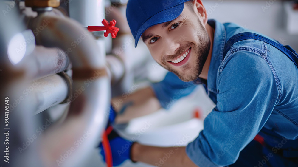 A smiling professional plumber man in blue overalls and cap fixing a ...