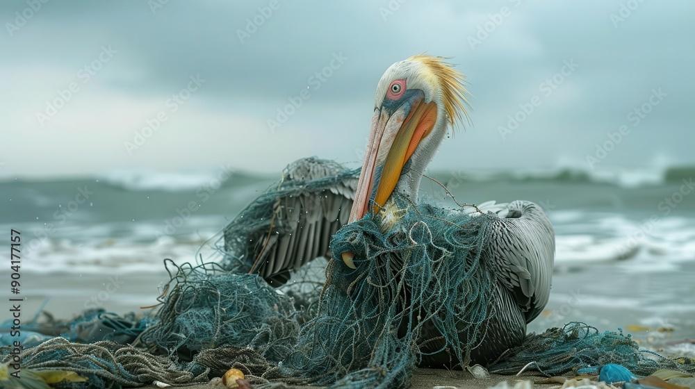 Seabird entangled in plastic debris on a polluted beach, Pollution ...