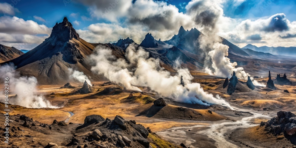 A photo of a rugged volcanic landscape with jagged peaks and steaming ...