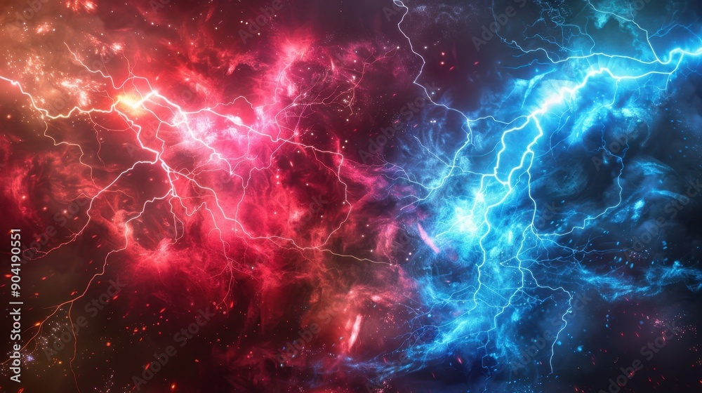 Dramatic background of red and blue lightning bolts clashing. Stock ...