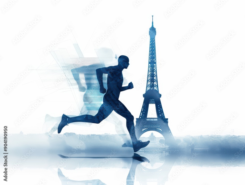 Olympic torchbearer running past Eiffel Tower, white isolated ...