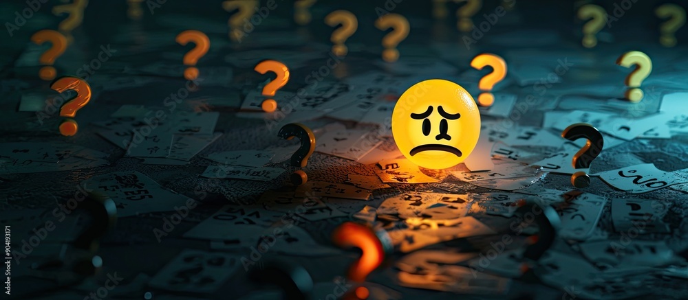 A sad emoji amidst question marks on a dark backdrop symbolizes ...