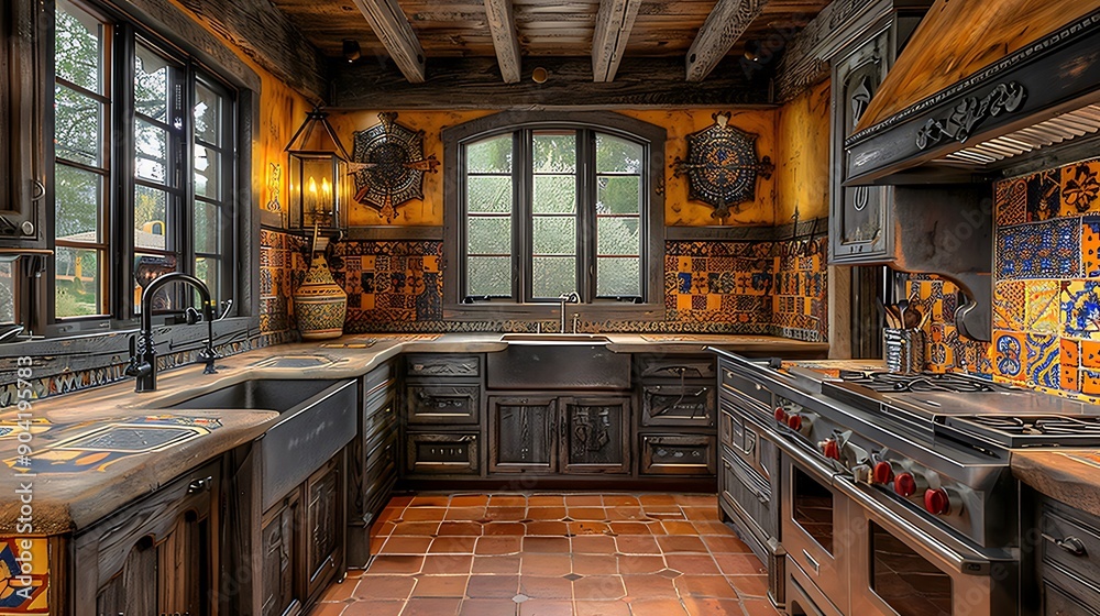 A Mediterranean kitchen with dark wooden cabinets, a large farmhouse ...