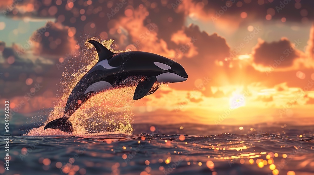 Norway fjord in the backdrop as a killer whale, often known as an orca ...