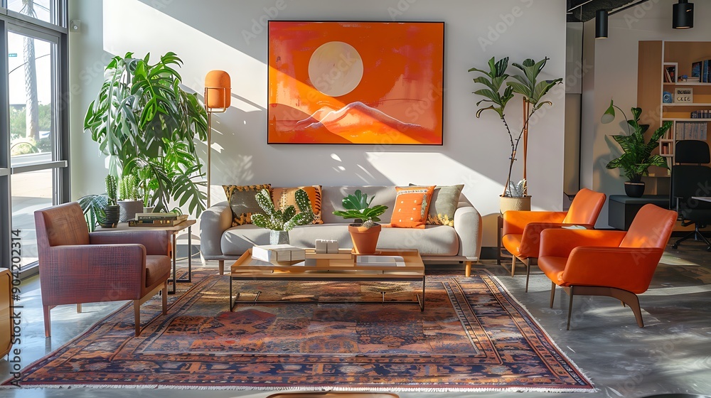 An eclectic office space with a mix of vintage and modern furniture ...