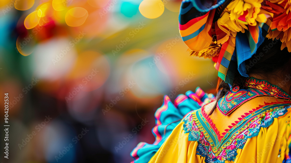 Colorful fiesta dance close-up featuring a woman in traditional Mexican ...